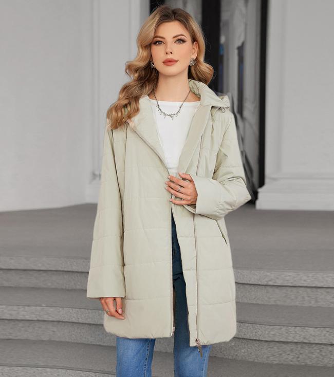 Front view of asymmetric lightweight winter coat