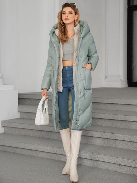 Quality Light Green Long Puffer Coats Hooded Long Padded Coat Womens for sale