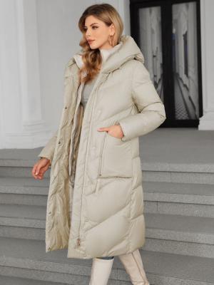 China Cotton Duvet Long Down Jacket Off White Ladies Long Puffer Coat for sale