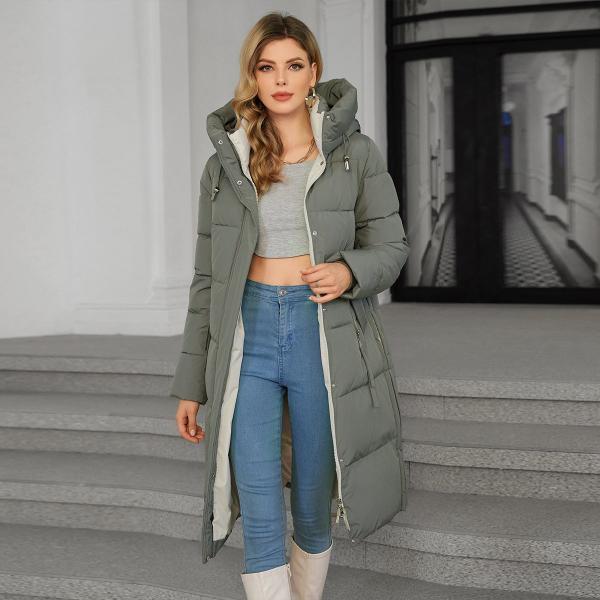 Quality Moderate Womens Knee Length Puffer Coat Green Gray Knee Length Padded Coat for sale