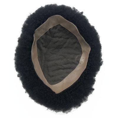 China Remy Hair High Density Adhesive Afro Curl PU Lace Hair Replacement System Toupee for Black Men à venda