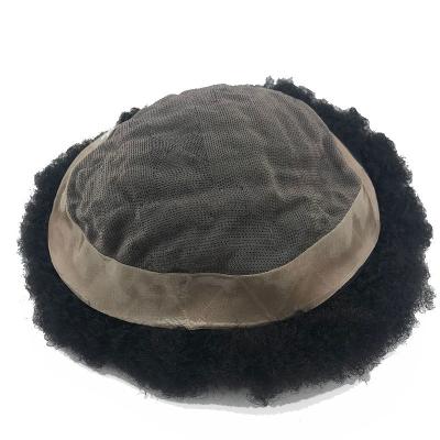China Remy Hair High Density Adhesive Afro Curl PU Lace Hair Replacement System Toupee for Black Men à venda