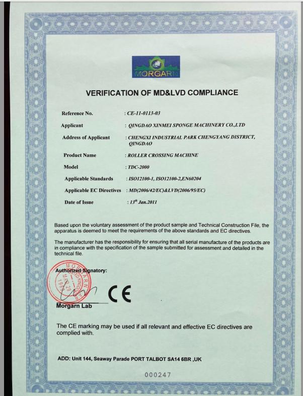 I SO 12 100- 1,ISO121 00-2,EN60204 - Qingdao Xinmeiteng Sponge Manufacture Co.