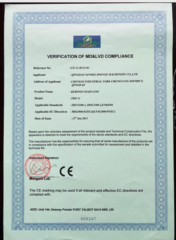 I SO12 100-1,ISO12100-2,EN60204 - Qingdao Xinmeiteng Sponge Manufacture Co.