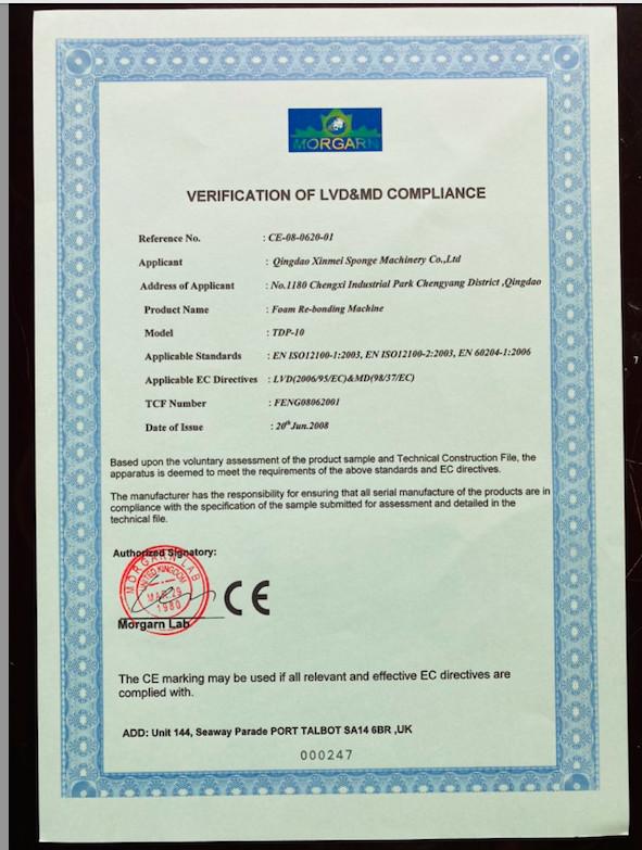 ENISO12100-1:2003,ENISO12100-2:2003,EN60204-1:2006 - Qingdao Xinmeiteng Sponge Manufacture Co.