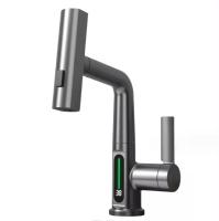 China Lizhen 3 Function Kitchen Basic Faucet LED Temperature Desk Mounted Pull-out Water Tap for sale