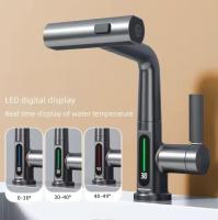 China Lizhen 3 Function Kitchen Basic Faucet LED Temperature Desk Mounted Pull-out Water Tap for sale