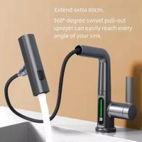 China Lizhen 3 Function Kitchen Basic Faucet LED Temperature Desk Mounted Pull-out Water Tap for sale
