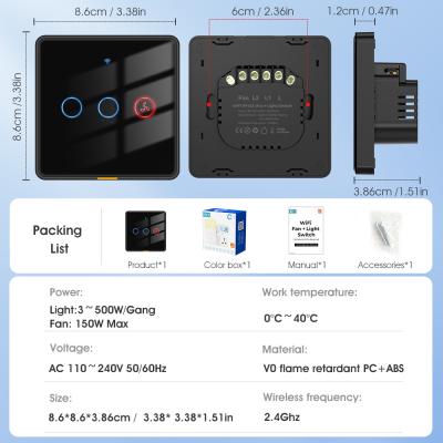 China Tuya Fan switch Timer Control Voice No Neutral Wire Required Wall Smart WiFi RF433 and Pendant Light Switch for sale