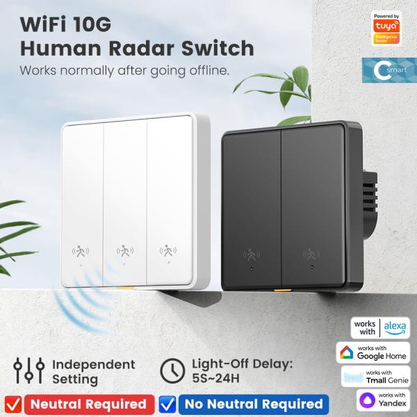 Quality Tuya WiFi Smart 10G Human Radar Motion Sensor Switch EU Wall Light Switch No Neutral APP Remote Voice Timer Alarm Control for Smart Home for sale