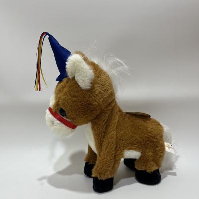 China Running Brown Pony Plush Toy with Hoofbeats Button on Tail Electric Running Horse with Party Hat for sale