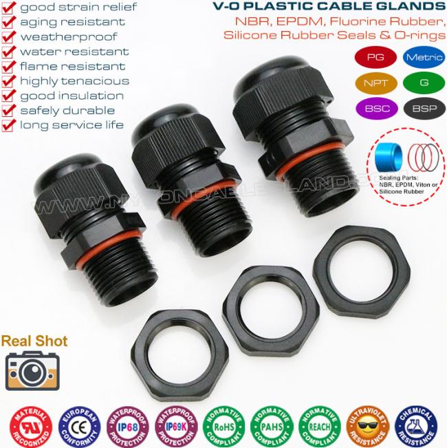 Flameproof Polyamide Nylon Cable GlaPolyamide Nylon Black Flameproof Cable Glands IP68 (UL94V-0) PG7~PG48 / M10~M75 with PG & Metric Threadsnds IP68 (UL94V-0) with PG & Metric Threads