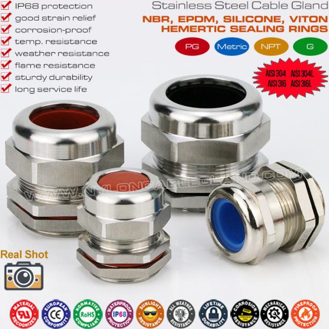 Rustless Cable Glands Thread Metric & PG Waterproof IP68 Stainless Steel SUS304, SUS316 and SUS316L