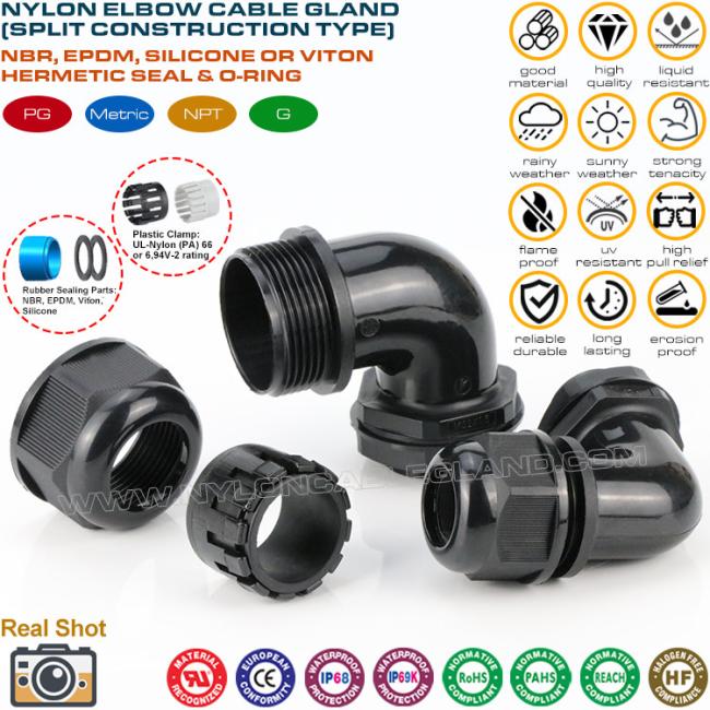 Divided Type Right Angle (90° Elbow) Hermetic Metric Cable Glands IP68 with Locknuts & Flat Gaskets