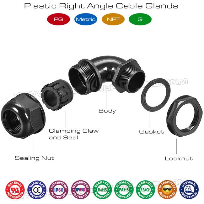 Divided Type Right Angle (90° Elbow) Hermetic Metric Cable Glands IP68 with Locknuts & Flat Gaskets