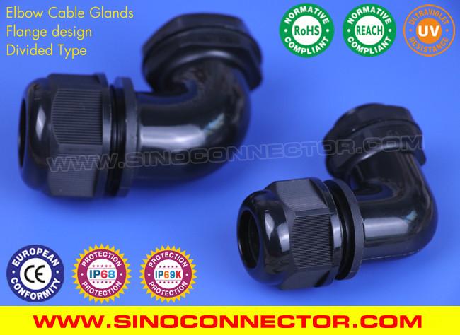 Split Type Right Angle (90° Elbow) Waterproof Metric Cable Glands IP68 with Locknuts & Sealing Gaskets