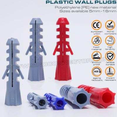 China Uitbreidbare plastic muurplugs (schroefankers, droogwandankers) Grijz, rood of blauw Ø10 x 50 mm 100 stuks met Ø6 ~ 8 mm schroeven voor huisversiering Te koop
