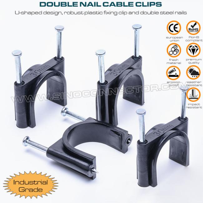 Graffette fissacavo a doppio chiodo (fermagli fissacavi clips a doppio chiodo), tipo rotondo, due chiodi acciaio, polietilene, bianco/nero, 30mm~50mm, per cavi di grandi dimensioni