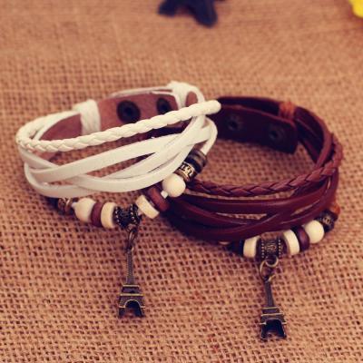 China Customized handmade bracelet,hot multilayer leather bracelet ,  fashion bracelet with Eiffel Tower charms for sale