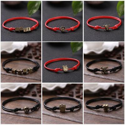 China Fashion simple black red  bracelet customized handmade leather bracelet with alphabet/pattern charms for sale