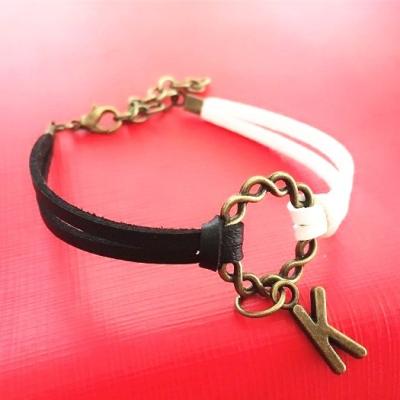 China Black white color bracelet ,handmade PU leather bracelet ,alphabet charms bracelet for sale