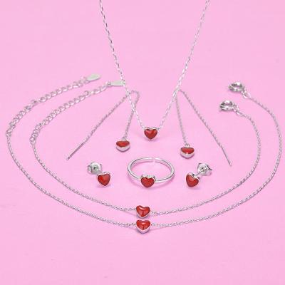 China Thin silver chain red heart shape bracelet/necklace/ring/earrings jewerly sets  for girls for sale