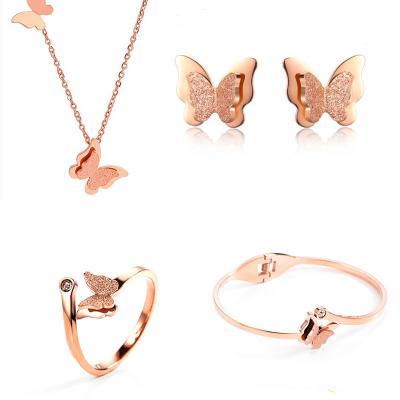 China Beautiful design butterfly pattern rose gold plated necklace/earring/ring/bangle jewelry sets for girls for sale