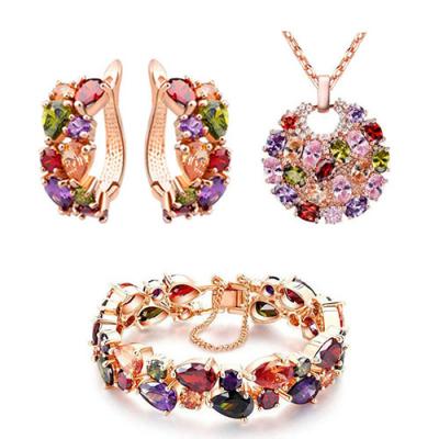 China Multi-color crystal delicated gold plated necklace/earring/bracelet jewelry sets for party for sale