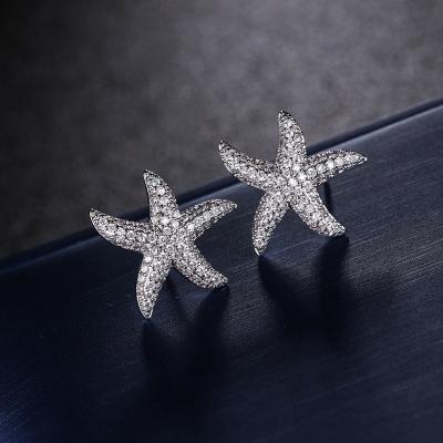 China Lovely starfish style silver plated stud earring with white crystal for sale