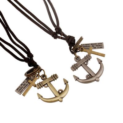 China Hot selling antique brass plated anchor pendant leather necklace for sale