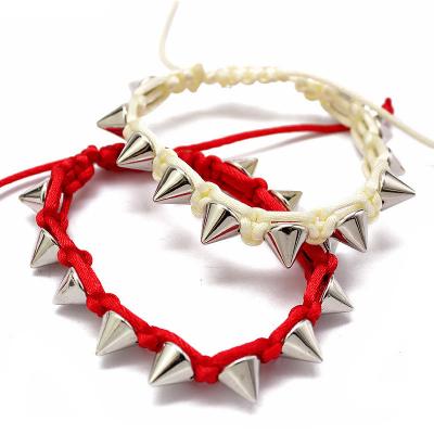 China Customized handmade red cream rope silver plated rivet adjustable bracelet for sale