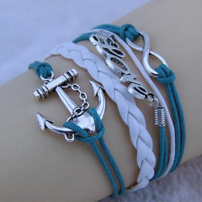 China Handmade silver plated anchor and infinite charms multilayer blue pink leather bracelet for sale