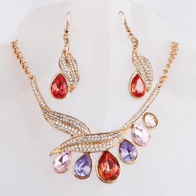 China Colorful zircon new drop water design gold silver plated necklace earrings jewelry sets for party and banquet for sale