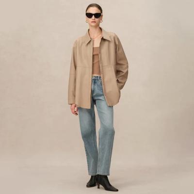 China HONGJUN Milk Tea Faux Leather Coat for sale
