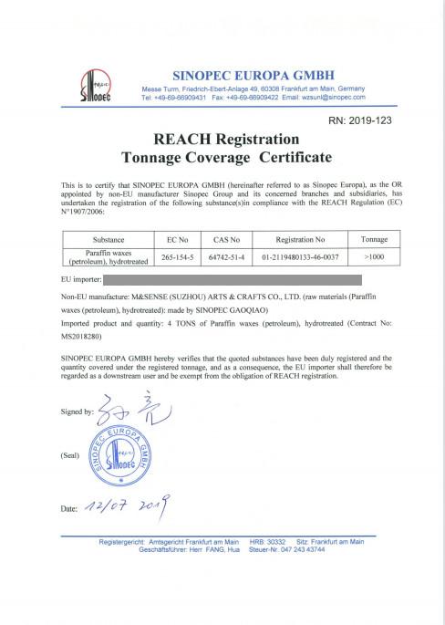 REACH Registration Tonnage Coverage Certificate - M & Sense (Suzhou) Arts & Crafts Co., Ltd
