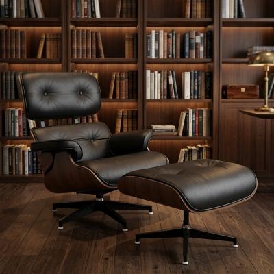 China Large Leather Swivel Arm Recliner Lounge Chair with Ottoman Black Walnut Color with Rotatable Aluminum Alloy Base for sale