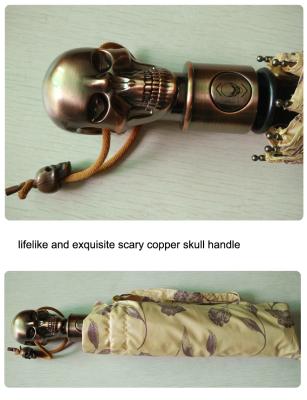 China 23 Inches 3-Fold Auto Open And Close Umbrella With Lifelike And Exquisite Scary Copper Skull Handle for sale