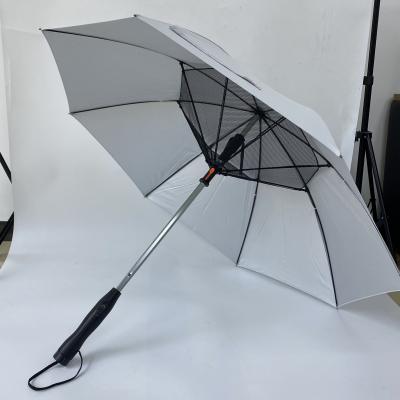 China Modern Sunny Rainy Cooling Water Spray Fan Battery UV Protection 23 Inch Alloy 8 Ribs Pongee Folding Straight Umbrella for sale