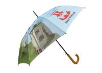 China Custom Printed Auto Open Stick Umbrella 23 Inch J Shape Wooden Handle 8 Ribs for sale