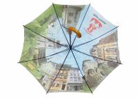 China Custom Printed Auto Open Stick Umbrella 23 Inch J Shape Wooden Handle 8 Ribs for sale