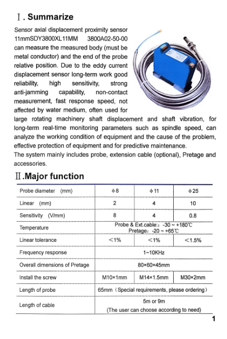 SDY 3800 XL Axial Displacement Sensor front view