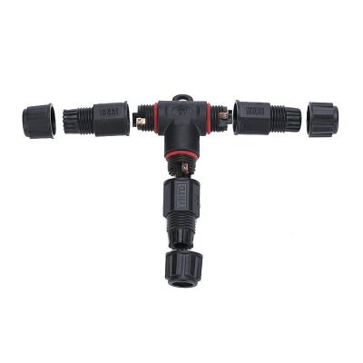 China M20 2 Pin T Type 3 ways Male Female Waterproof Cable Connector IP68 Plastic Circular Power Wire Connector for sale