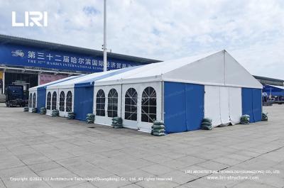 China waterproof 15x35m White And Blue Tent Structure With Transparent PVC Windows for sale