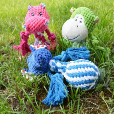 China Small Plush Animal Head Braided Rope Ball W Squeaker Inside Dog Chewing Toy for sale