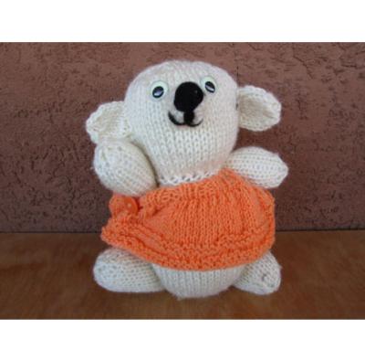 China Handmade Knitted Teddy Bear Stuffed Animal Beige With Peach Dress for sale