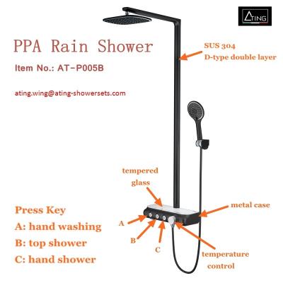 China AT-P005B 3 functions bathroom shower systems with platform Foshan supplier black colour luxury rain shower for sale