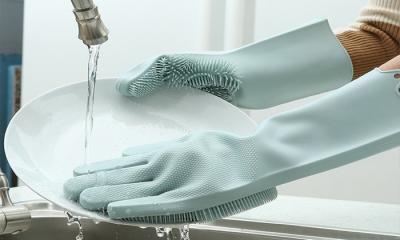 China 2019 New Upgraded Heat Resistant Silicone Sponge Reusable Magic Gloves For Dish Wash Kitchen Cleaning Pet Hair Care for sale