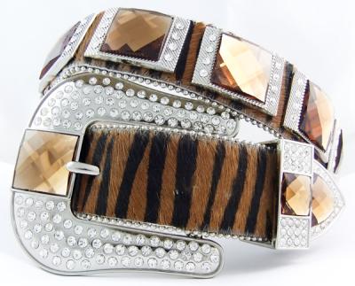 China Western cowgirl brindle brown cowhide belts with glass decorative for sale