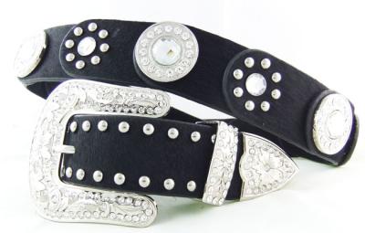 China Guangzhou black cow hide belts for jeans with around glass concho for sale