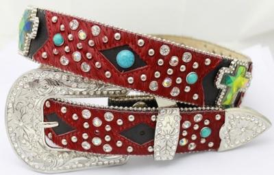 China women western red cowhide rodeo cross glass concho belts for sale